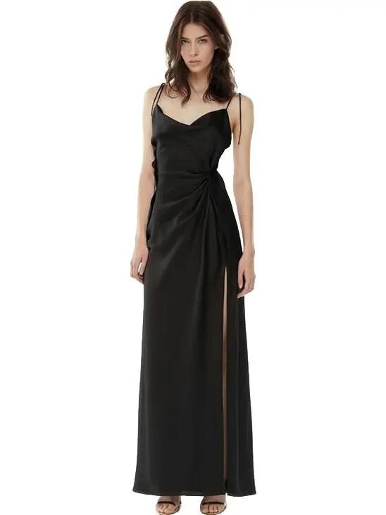 MOTHER OF ALL Etta Maxi Dress With Draped Cowl Neckline And Slit - Black