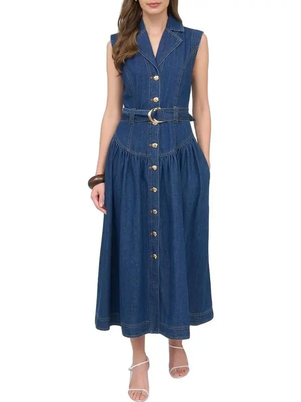 ZOE AND CLAIRE Sleeveless Belted Maxi Dress - Denim