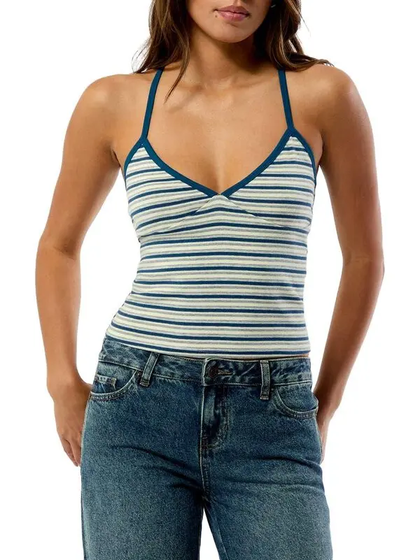 PACSUN Elle Easy V-neck Striped Ribbed Camisole - Blue