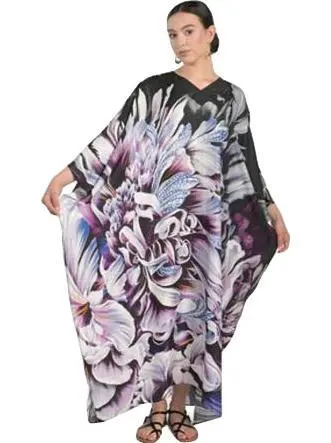SILK&SOUL Peonies And Dragonflies Collection Kaftan Dress - Black