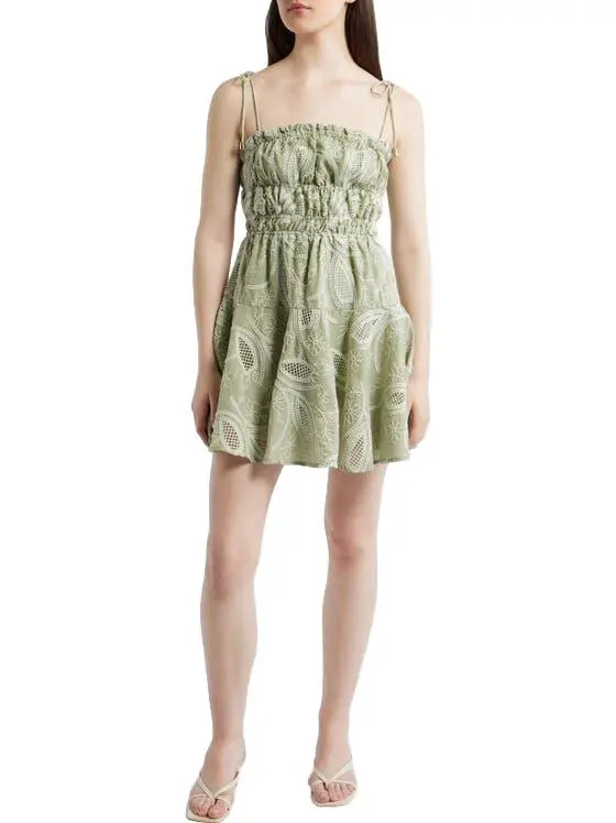 Moon River Embroidered Shirred Fit & Flare Mini Dress - Olive