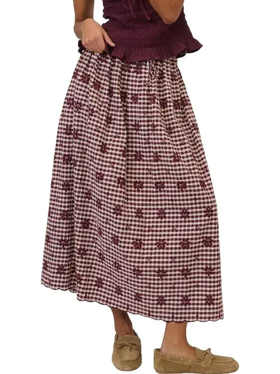 NOBODY'S CHILD Naples Cotton Blend Gingham Floral Midi Skirt - Red