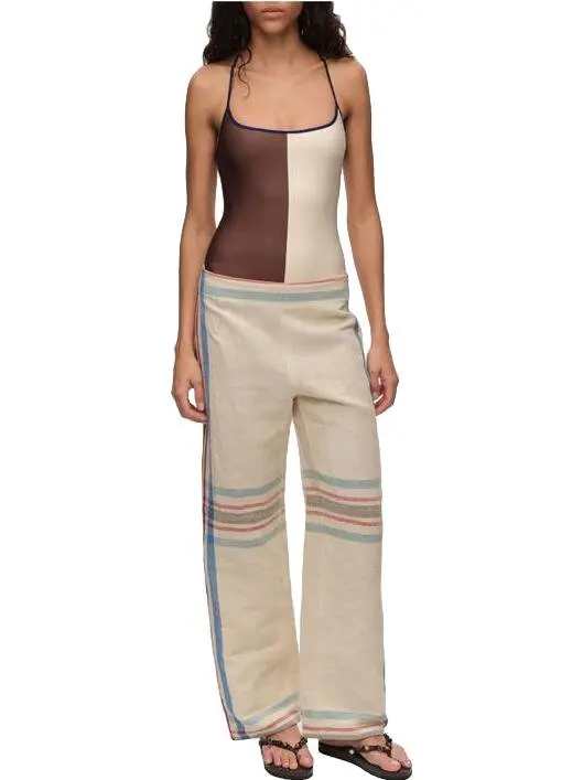 Bimba Y Lola Linen Blend Striped Ankle Length Trousers - Ecru