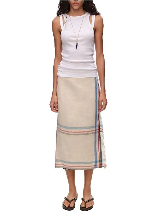 Bimba Y Lola Linen Blend Striped Midi Wrap Skirt - Ecru