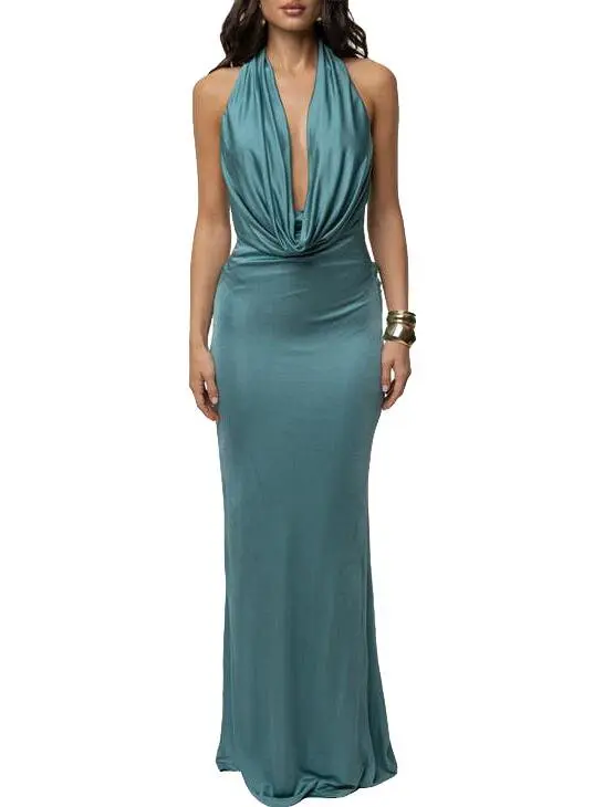 JLUXLABEL Lunara Cowl Maxi Dress With Open Back And Gold Chain Detail - Teal