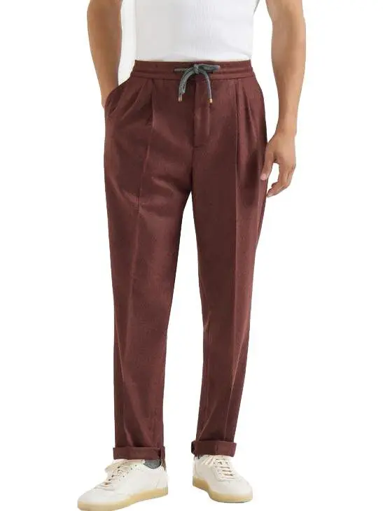 Brunello Cucinelli Virgin Wool And Cashmere Flannel Trousers With Double Pleats And Drawstring - Burned