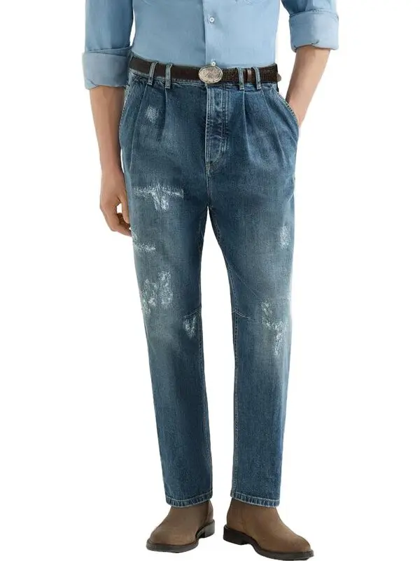 Brunello Cucinelli Iconic Fit Five-pocket Denim Trousers With Double Pleats And Distressed Details - Medium Denim