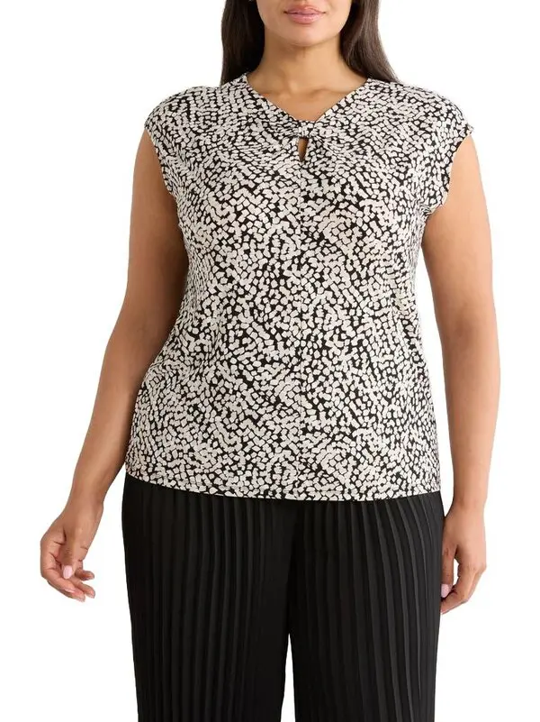 KASPER Dot Print Cap Sleeve Top - Black Multi