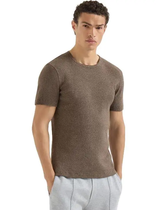 Brunello Cucinelli Denim-effect Ribbed Cotton Jersey Crew Neck T-shirt - Brown