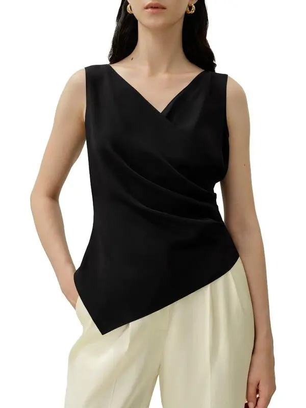 Lilysilk Asymmetrical V-neck Silk Crepe Top - Black