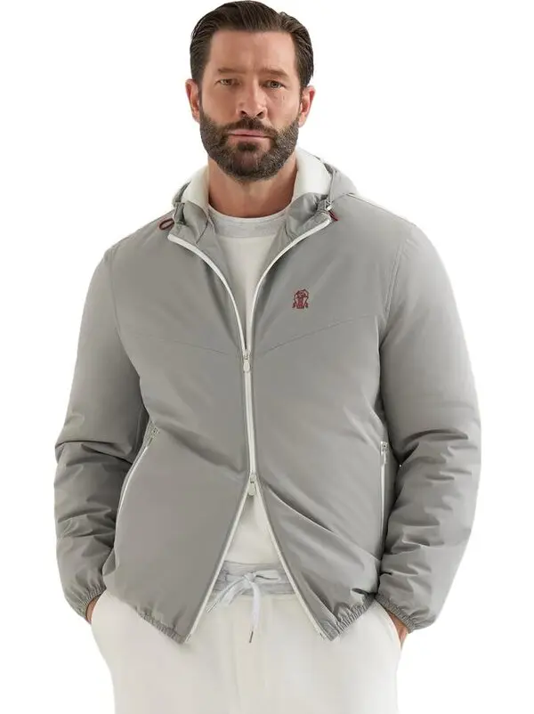 Brunello Cucinelli Bonded Nylon Hooded Zip-up Jacket With Thermore® Padding And Logo - Grey