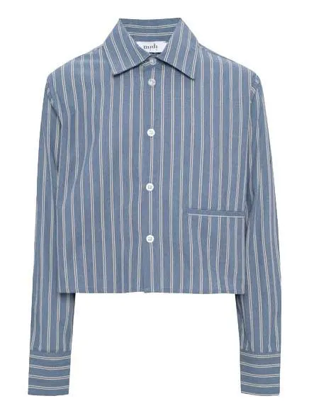 MIDI Cropped Striped Button Front Box Pleat Blouse - Denim