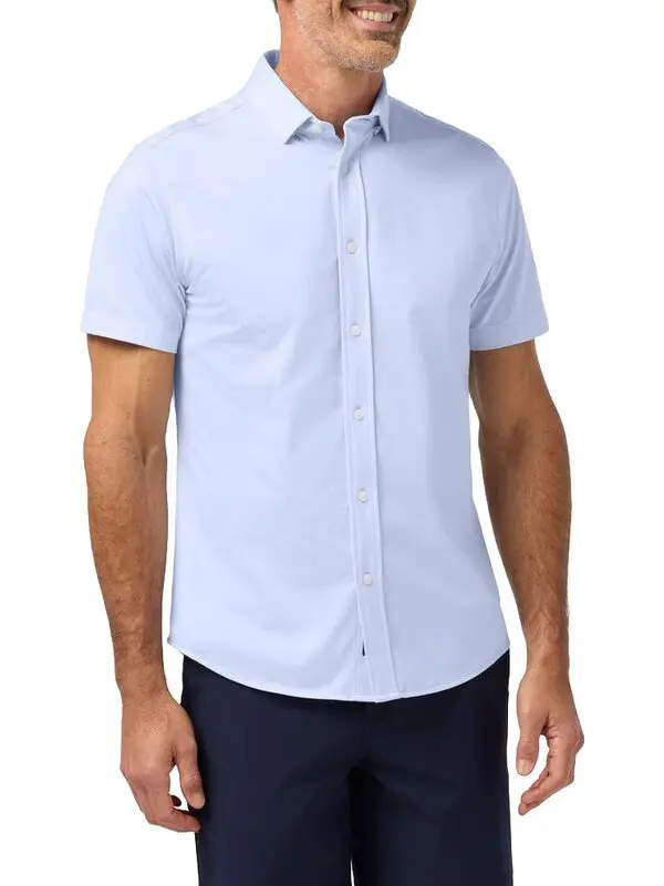 Mizzen+main Newport Solid Short Sleeve Knit Cotton Blend Button-up Shirt - Cloud Blue