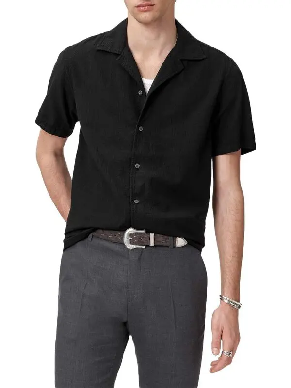John Varvatos Cotton Seersucker Camp Shirt - Black