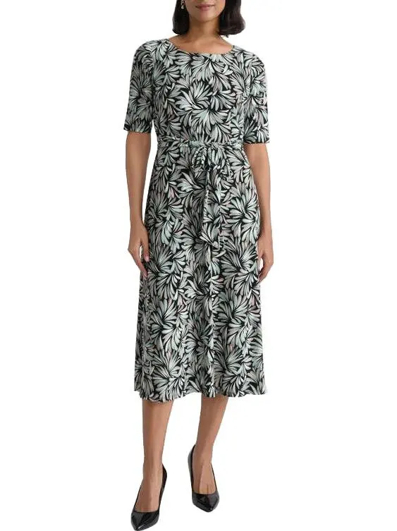 KASPER Printed Tie Belt A-line Dress - Black Multi