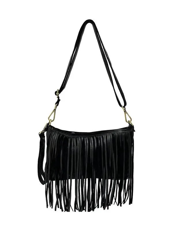 BOLSA NOVA Washed Leather Fringe Crossbody - Black
