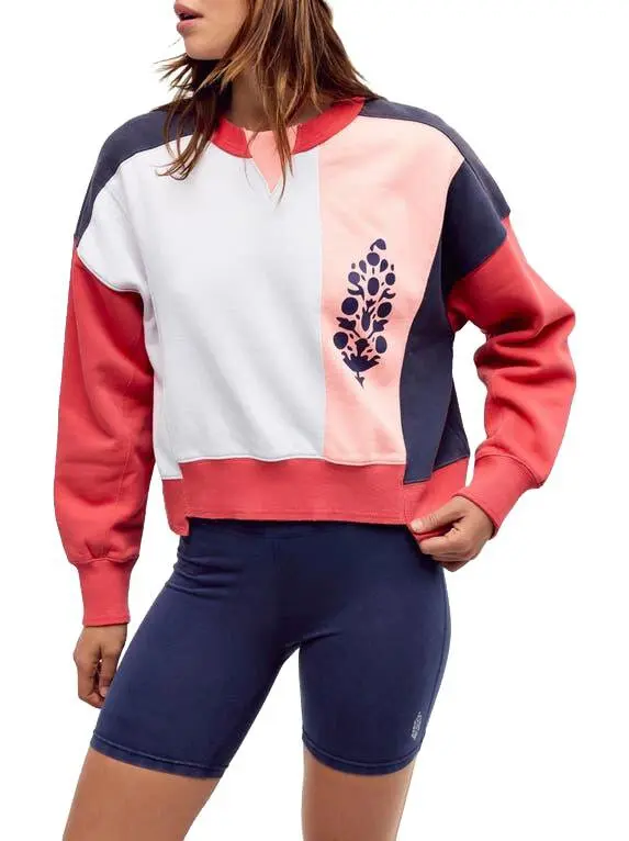 Free People Color-blocked Floral Logo Crewneck Sweatshirt - Grapefruit