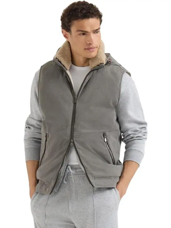 Brunello Cucinelli Waxed Techno Cotton Down Vest With Detachable Hood - Grey