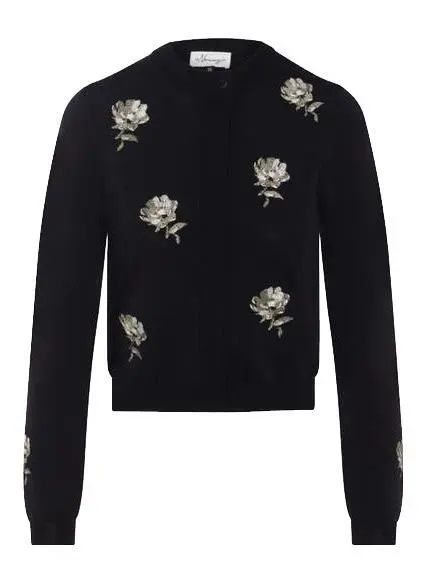 THE NORWAY CLUB Embroidered Floral Button Front Cropped Knit Cardigan - Black/ash