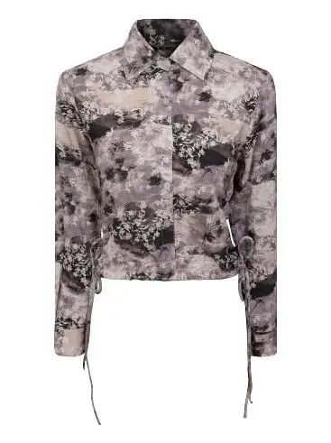 THE NORWAY CLUB Linen Button Front Drawstring Cropped Blouse - Grey
