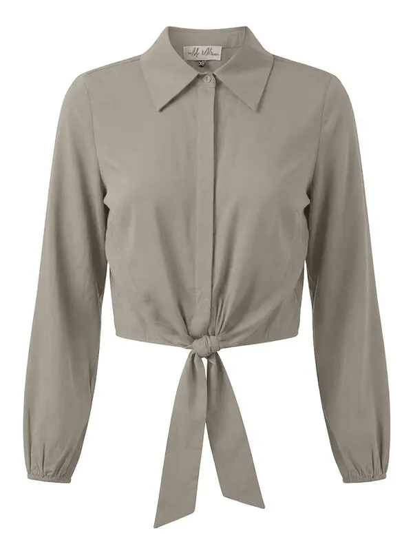 THE NORWAY CLUB Cropped Hidden Placket Hem Tie Blouse - Stone