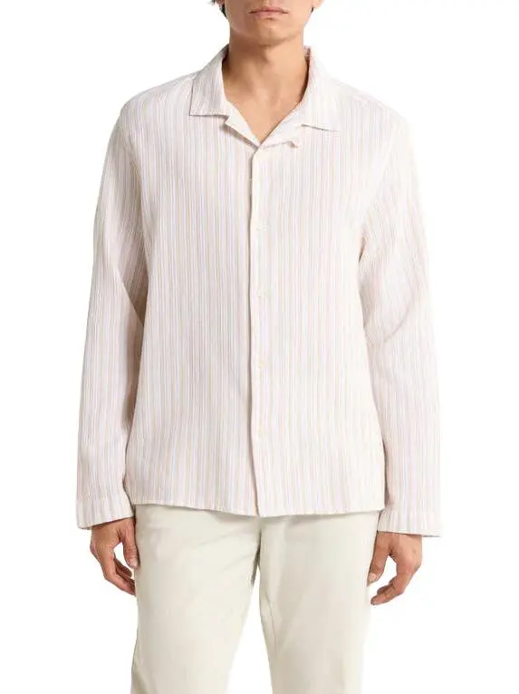 WAX LONDON Corey Twisted Stripe Long Sleeve Cotton Camp Shirt - Natural