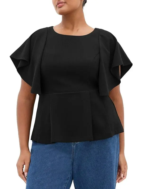 City Chic Flutter Sleeve Peplum Top - Black