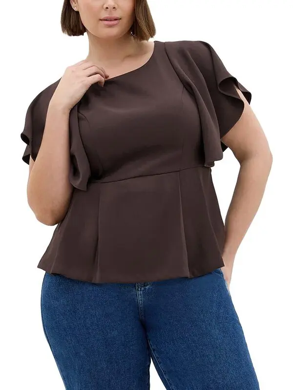City Chic Flutter Sleeve Peplum Top - Chocolate