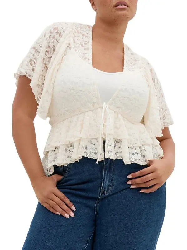 City Chic Lily Sheer Lace Crop Top - Creme