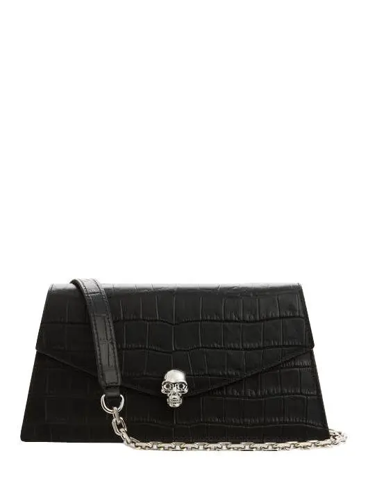 Alexander McQueen Mini Skull Croc Embossed Leather Crossbody Bag - Black