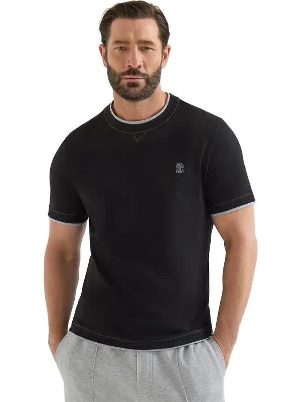 Brunello Cucinelli Cotton Jersey Crew Neck T-shirt With Logo And Faux-layering - Black