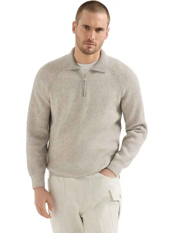Brunello Cucinelli Cashmere Vanisé English Rib Knit Polo With Half Zip - Grey