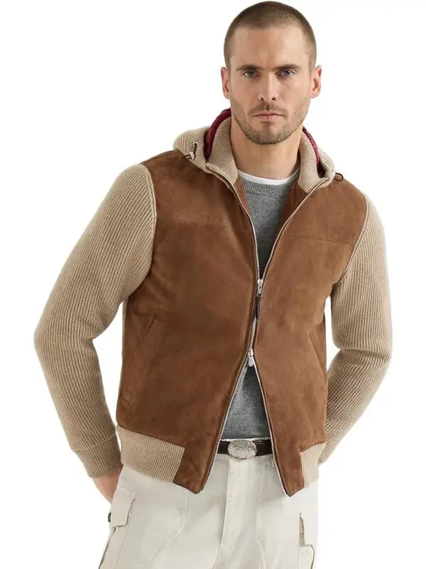 Brunello Cucinelli Suede And Cashmere Knit Hooded Bomber Jacket With Thermore® Padding - Brown