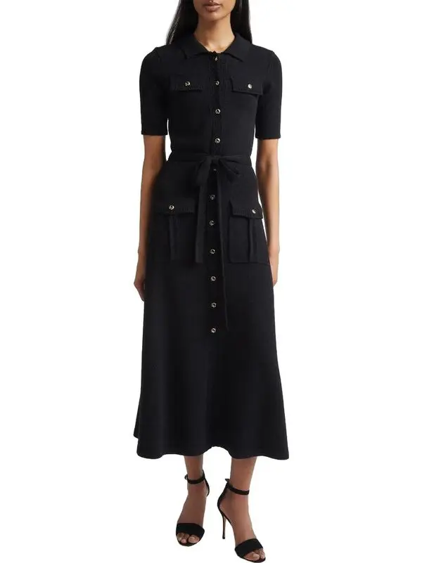 St. John Zahara Belted Legacy Crepe Knit Midi Dress - Black