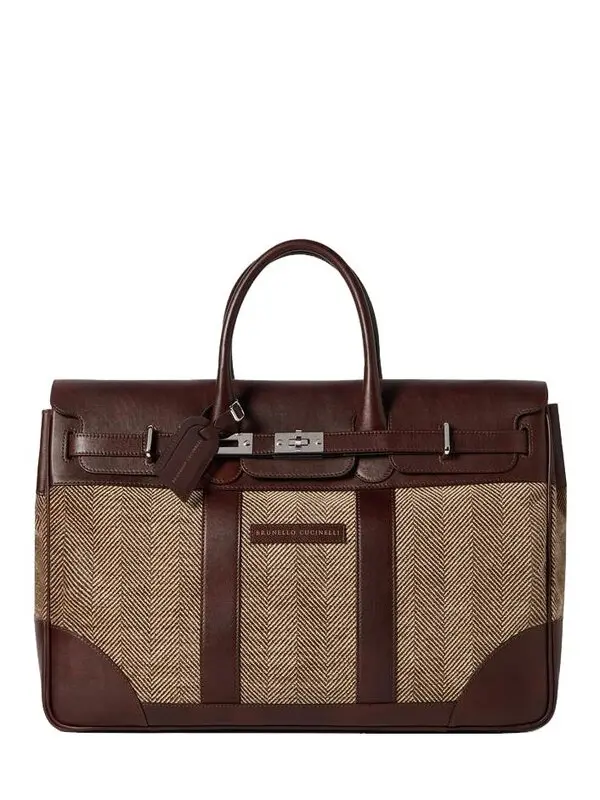 Brunello Cucinelli Burnished Calfskin And Chevron-effect Techno Fabric Country Bag - Brown