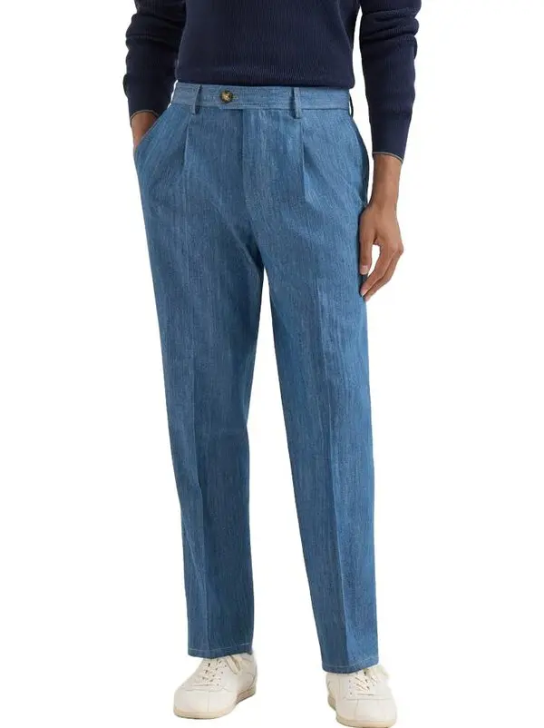 Brunello Cucinelli Lightweight Double Pleat Denim Trousers - Medium Denim