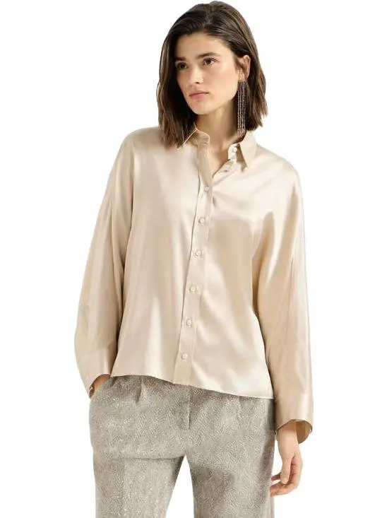 Brunello Cucinelli Stretch Silk Satin Shirt With Monili - Sand