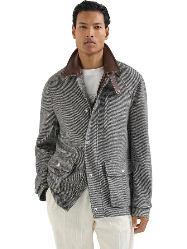 Brunello Cucinelli Cashmere And Silk Diagonal Field Jacket With Nappa Leather Inserts - Medium Grey