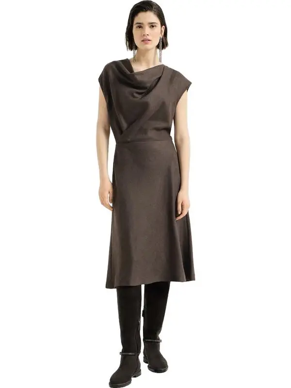 Brunello Cucinelli Virgin Wool Diagonal Flannel Wrap-effect Dress With Monili - Pine Cone Brown