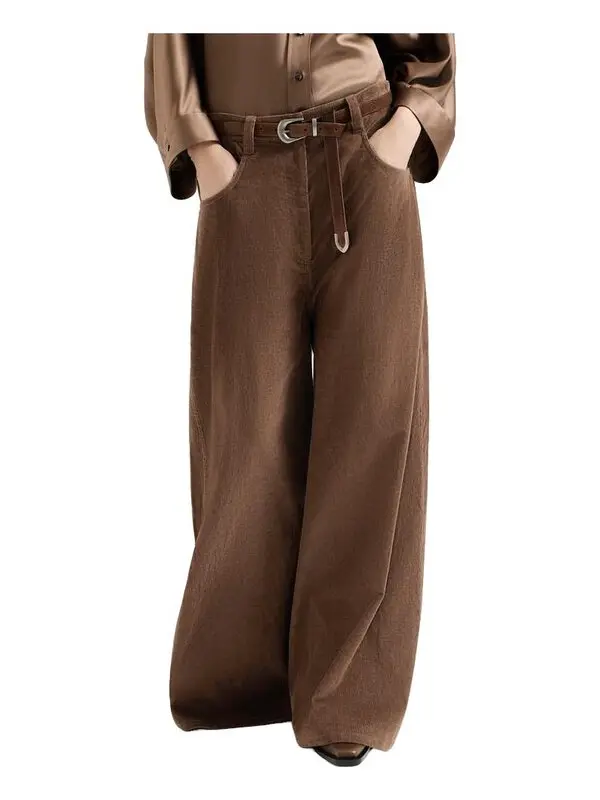 Brunello Cucinelli Stretch Cotton And Cashmere Corduroy Five-pocket Maxi Trousers With Monili - Cigar
