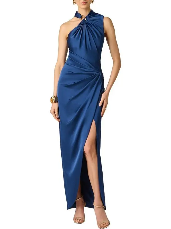 Aidan Mattox One-shoulder Draped Crepe Back Satin Gown - Navy