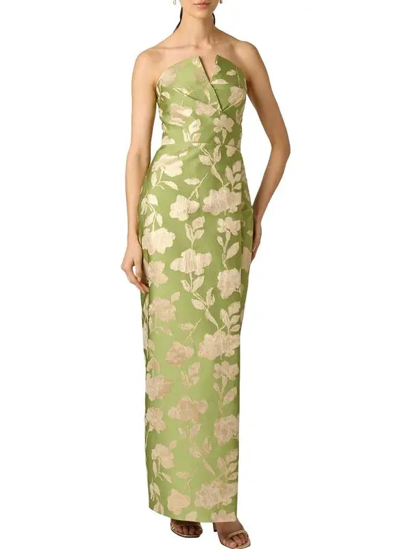 Aidan Mattox Strapless Metallic Floral Jacquard Column Gown - Fern