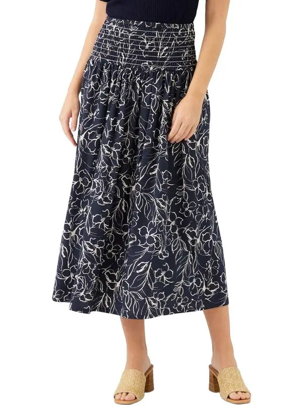 Karen Kane Floral Smocked Waist Cotton Midi Skirt - Print