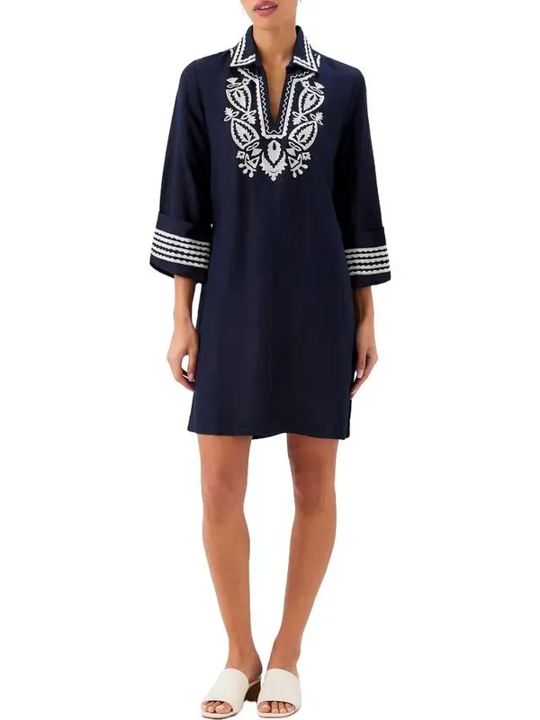 Karen Kane Embroidered Shift Dress With Spread Collar And Pockets - Navy