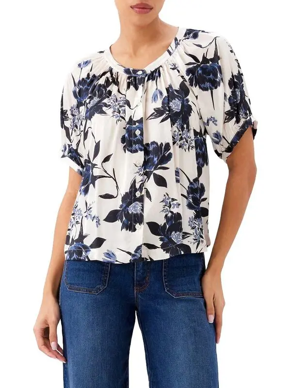 Karen Kane Floral Puff Sleeve Blouse - Blue Print