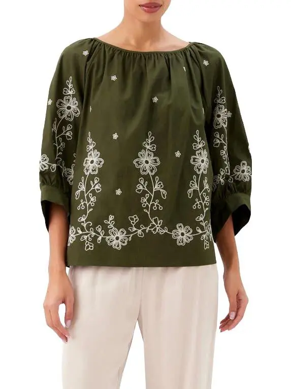 Karen Kane Embroidered Cotton Blouson Sleeve Top - Olive