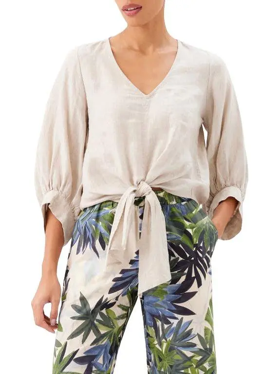 Karen Kane Tie Front Linen Top With V-neck And 3/4 Sleeves - Oatmeal