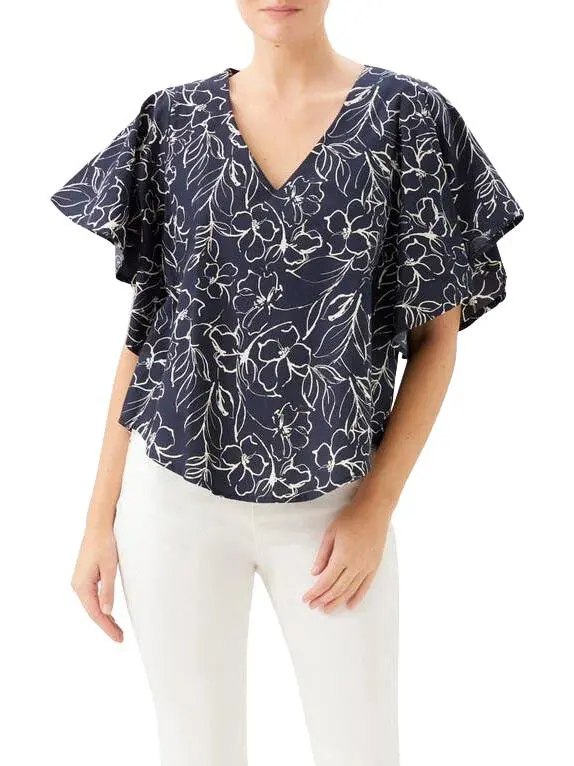 Karen Kane Flutter Sleeve V-neck Cotton Top - Print
