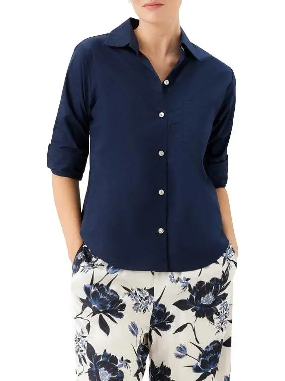 Karen Kane Ruched Sleeve Cotton Button-up Shirt - Navy