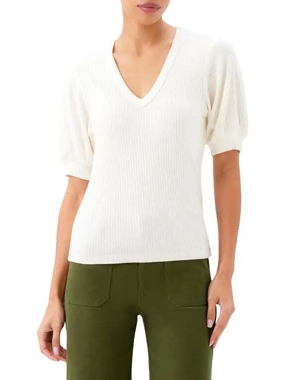 Karen Kane Puff Sleeve Ribbed V-neck Top - Cream
